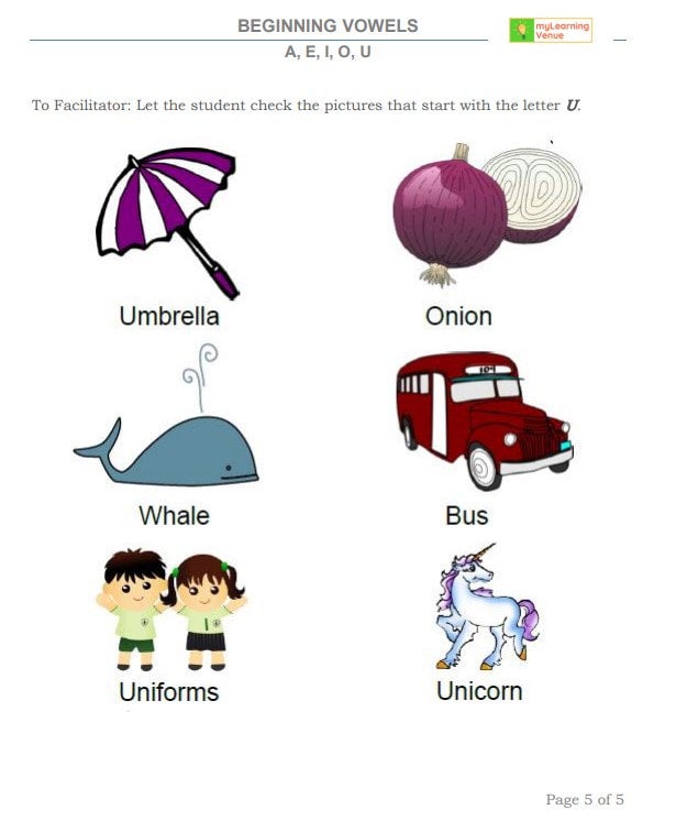 Kindergarten Reading: Beginning Vowels Worksheet | myLearning Venue
